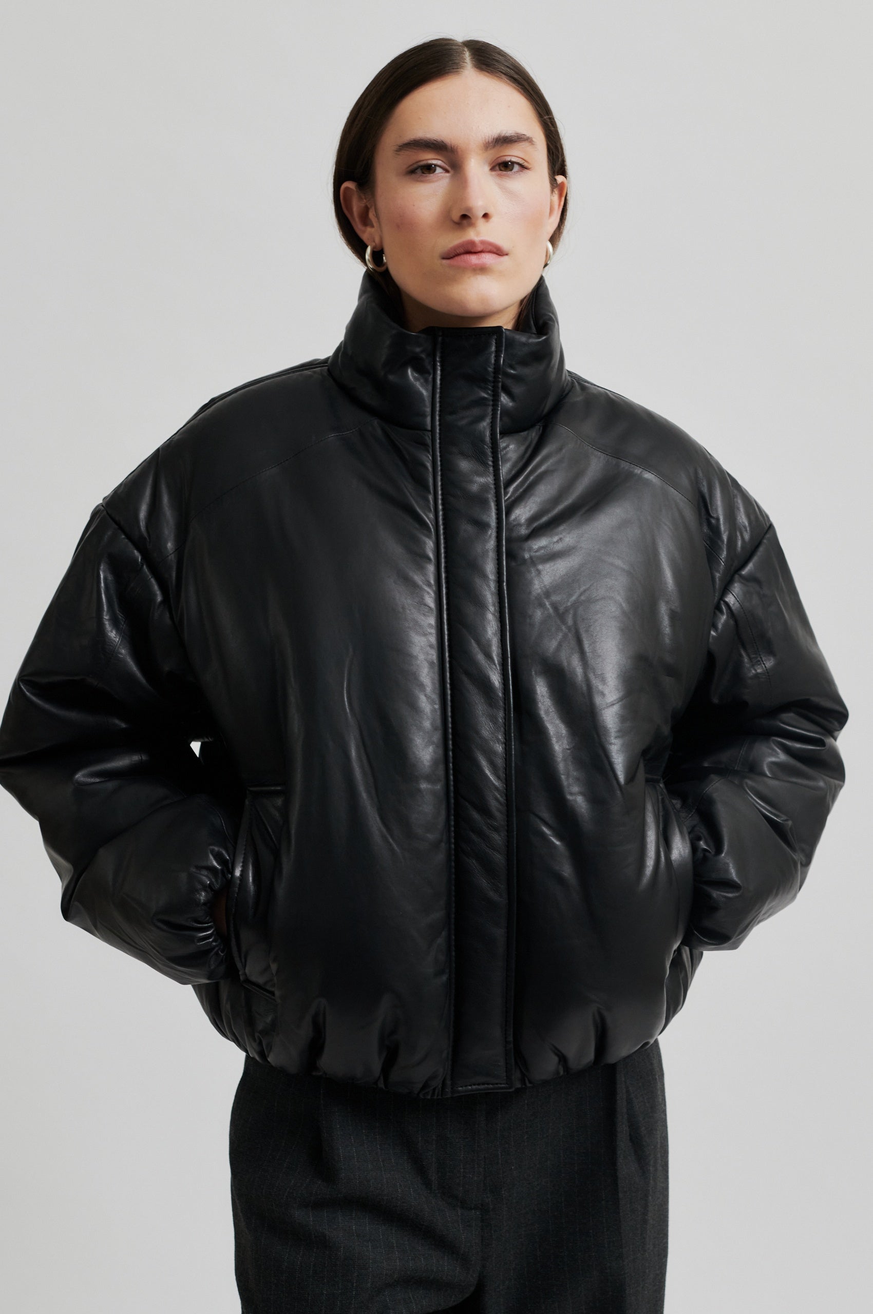 Second Female Harlow Leather Bomber Jacket - Black // high neck, lined